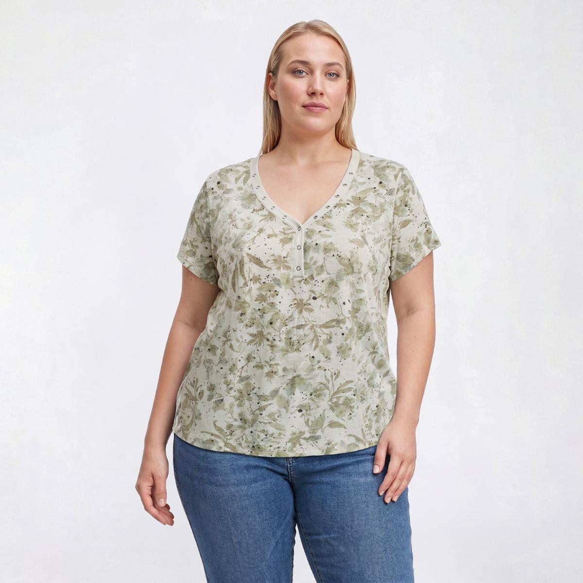 Click here for Plus Size Tru Self Short Sleeve Snap Button Henley... prices